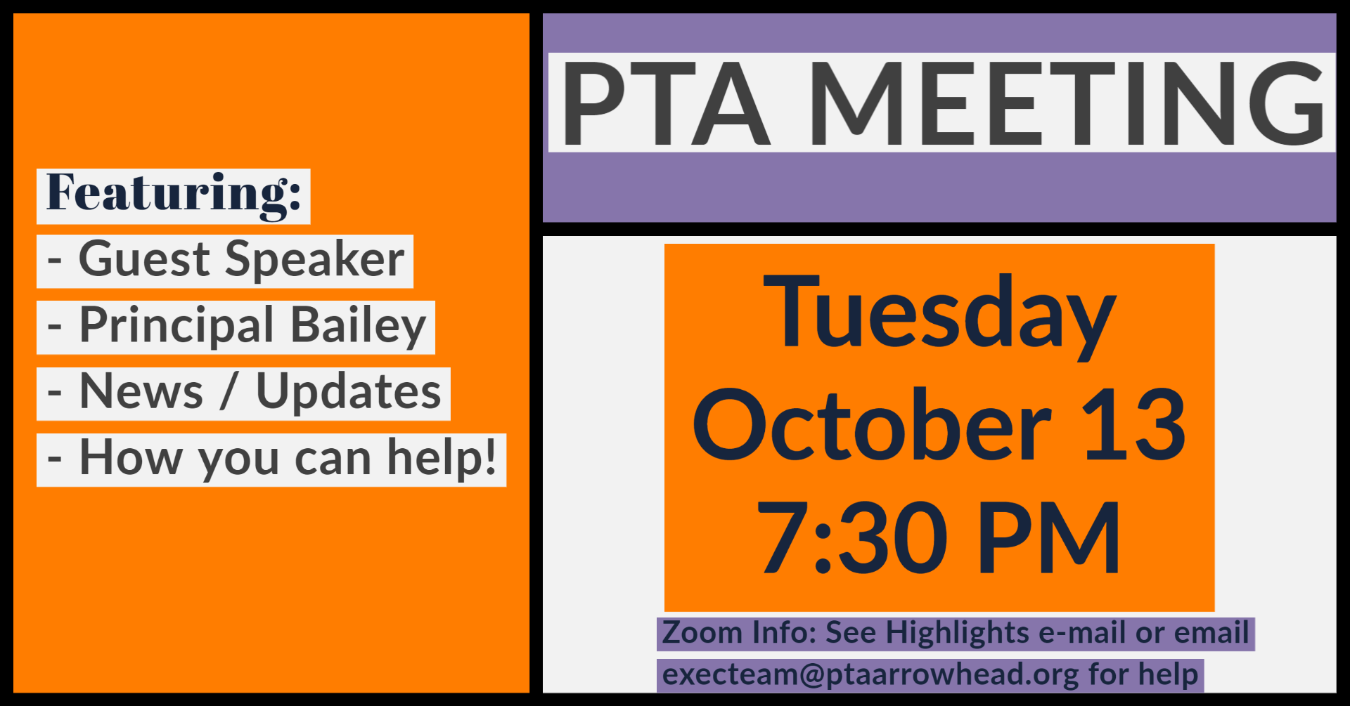 PTA General Membership Meeting – October 13, 2020 – Arrowhead Elementary PTA